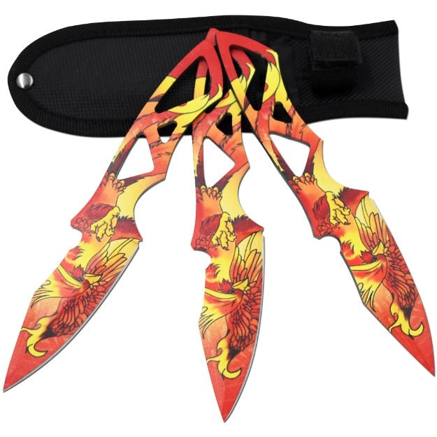 7" 3-Piece Tactical Red & Orange Kunai Phoenix Throwing Knife Set | Pe