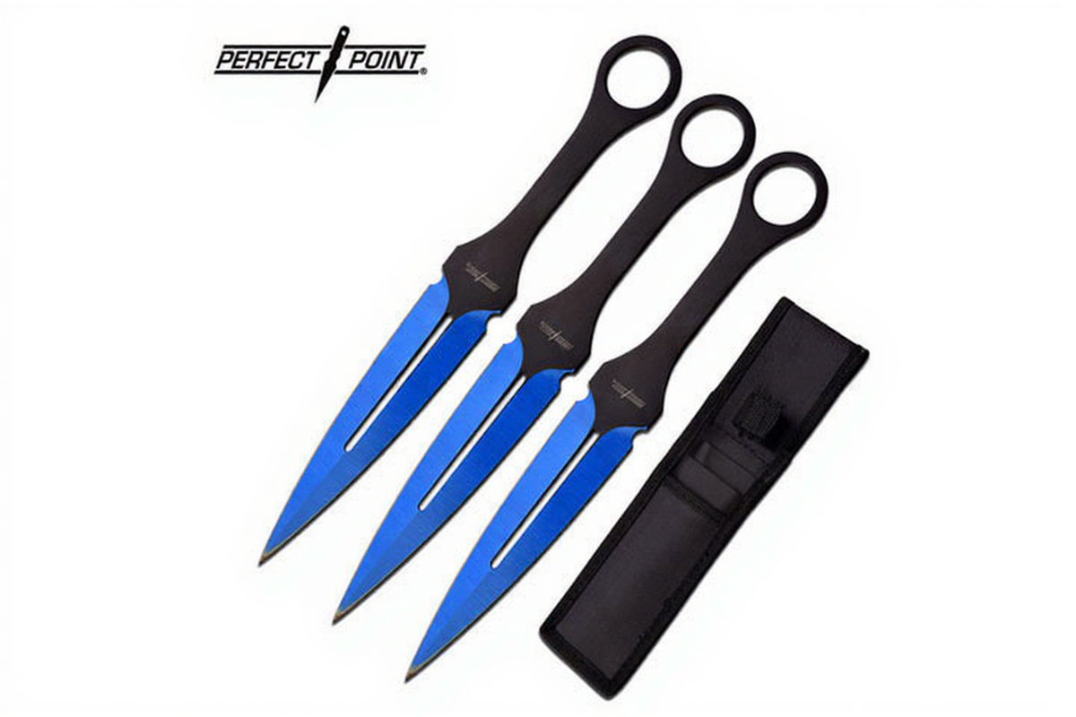 9" Blue & Black 3-Piece Perfect Point Kunai Throwing Knives For Sale