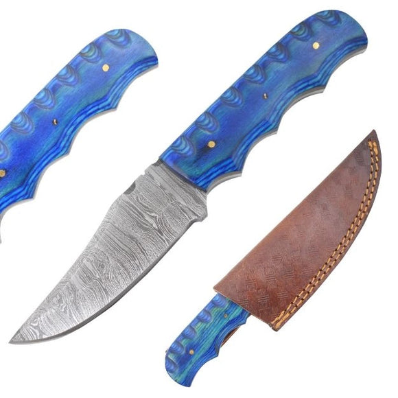 Ocean Blue Damascus Steel Clip Point Fixed Blade Skinning Knife - Full