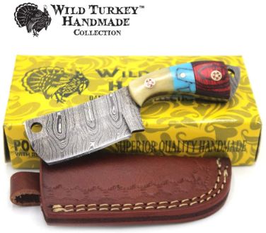 Wild Turkey Mini Compact Chef Cleaver & Cat Skinner Damascus Steel Kni