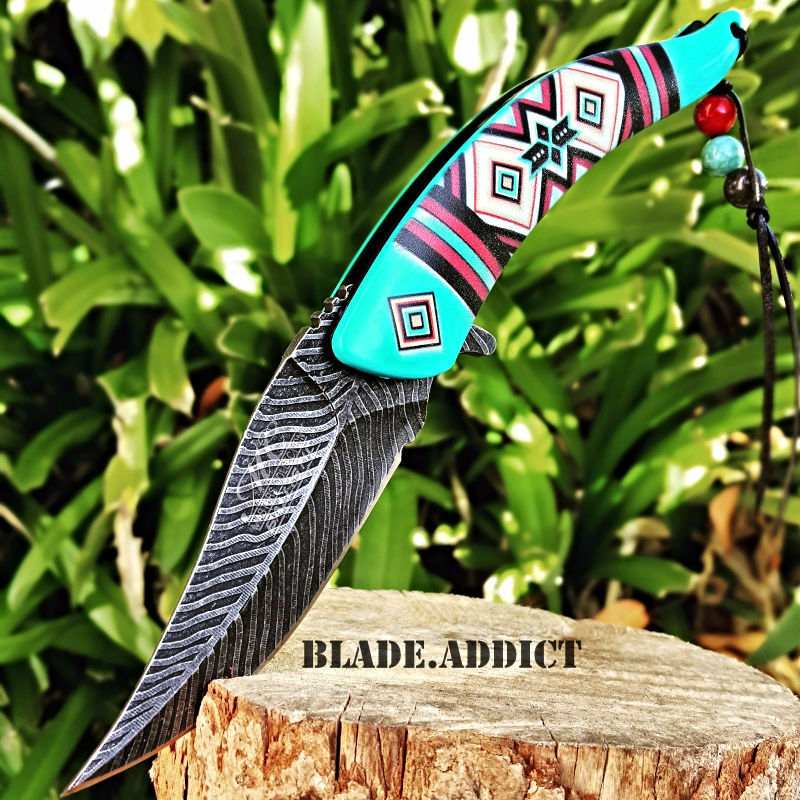 8.5" Damascus Knife Blue Native American Assisted Open Pocket Knife