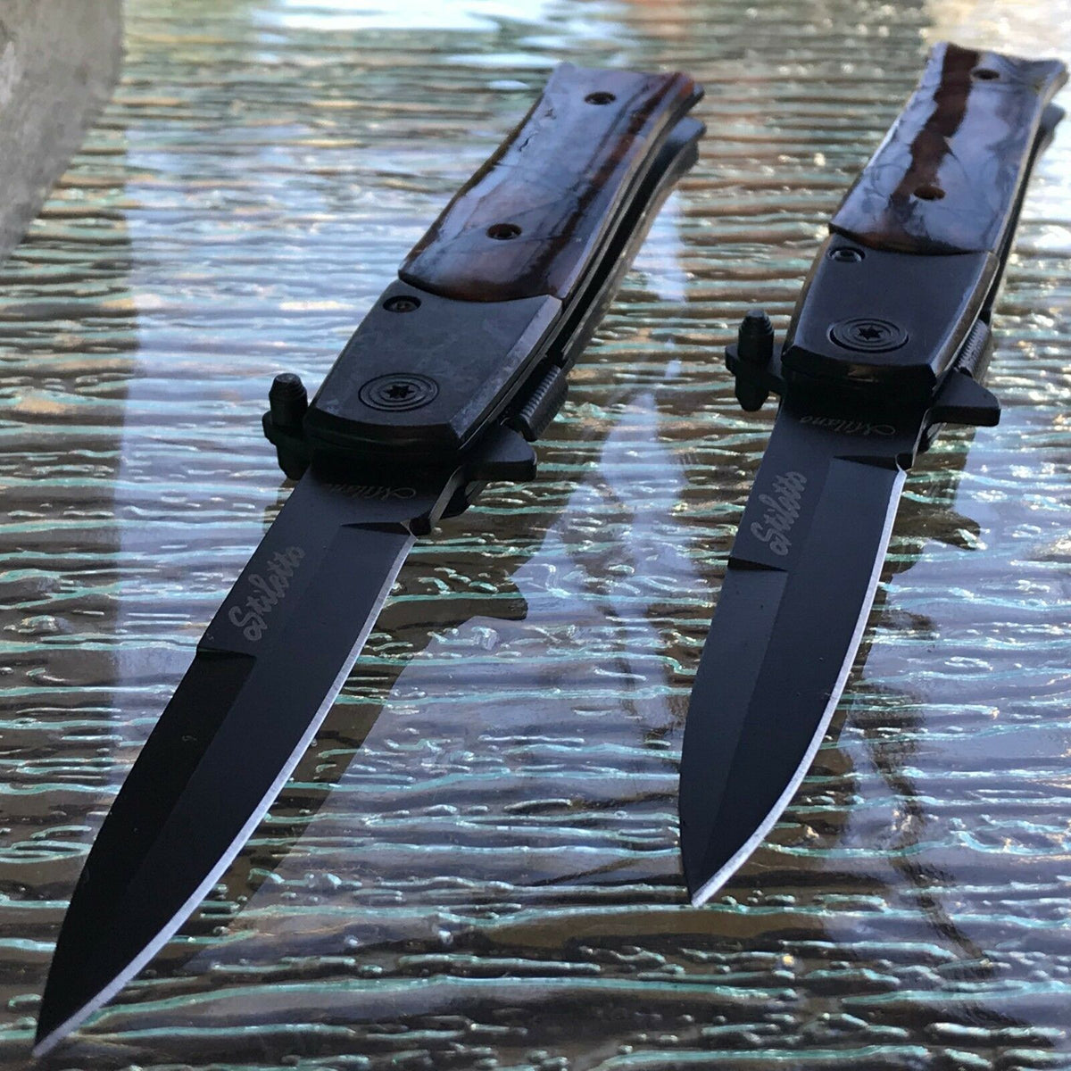 TWO BLACK HANDLE ASSISTED OPEN FOLDING POCKET KNIFE SET TF-719BK