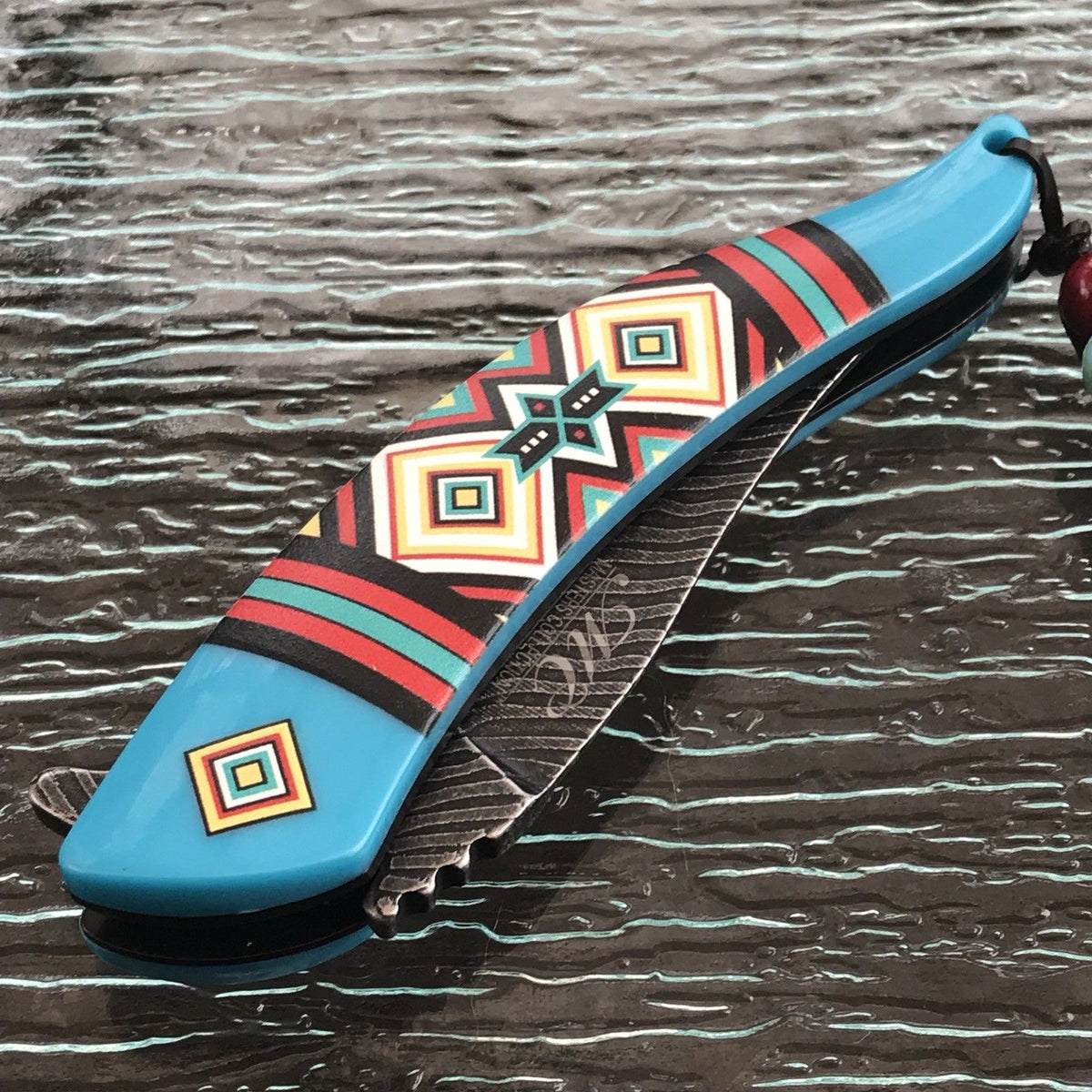 8.5" Damascus Knife Blue Native American Assisted Open Pocket Knife