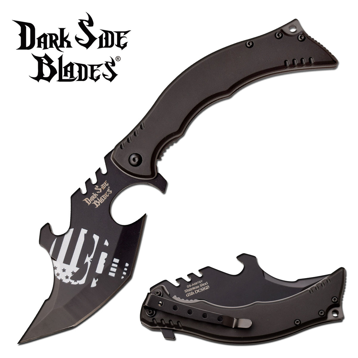 Dark Side Blades Fantasy Skull U.S. Flag Design Acid Etched Cool Knife